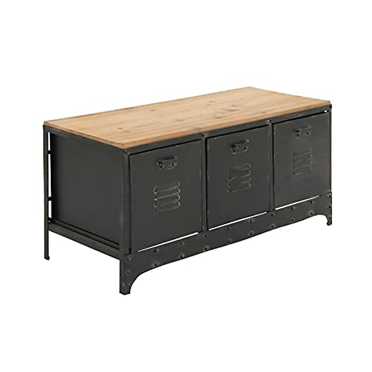 Deco 79 Metal Low Profile File Cabinet 3 Drawers Storage Bench with Brown Wood Top, 39" x 16" x 19", Black