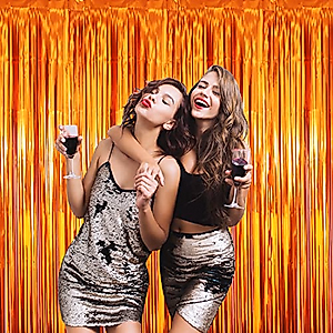 GOER 3.2 ft x 9.8 ft Metallic Tinsel Foil Fringe Curtains Party Photo Backdrop Party Streamers for Birthday,Graduation,New Year Eve Decorations Wedding Decor (Orange,1 Pack)