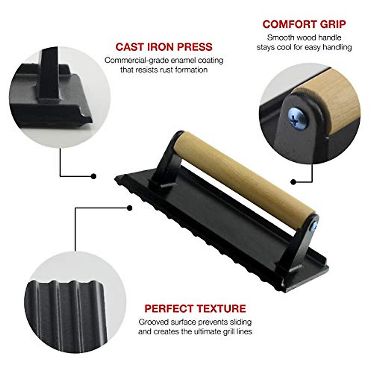 GADGETWIZ Enameled Bacon Press- Anti Rust Cast Iron Grill Press- Meat Press- Burger Press- Burger Smasher- Steak Grill Weight- Commercial Grade-with Cool Touch Wooden Handle-8"X 4"