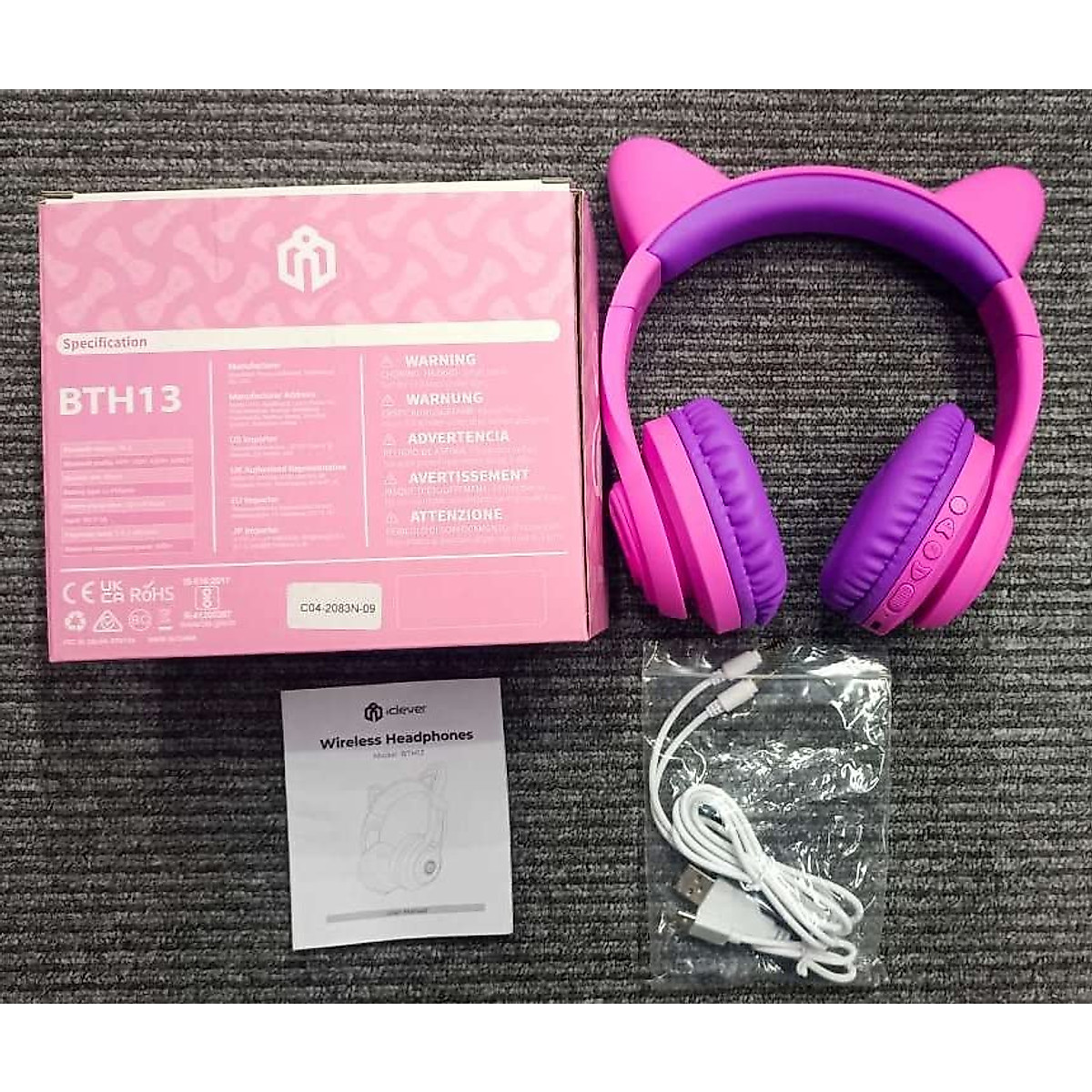 iClever Cat Ear Kids Bluetooth Headphones, LED Lights Up, 74/85/94dB Volume Limited, 50H Playtime,Bluetooth 5.2, USB C,Kids Headphones Wireless Over Ear for Travel iPad Tablet, Meow Macaron-Hot Pink