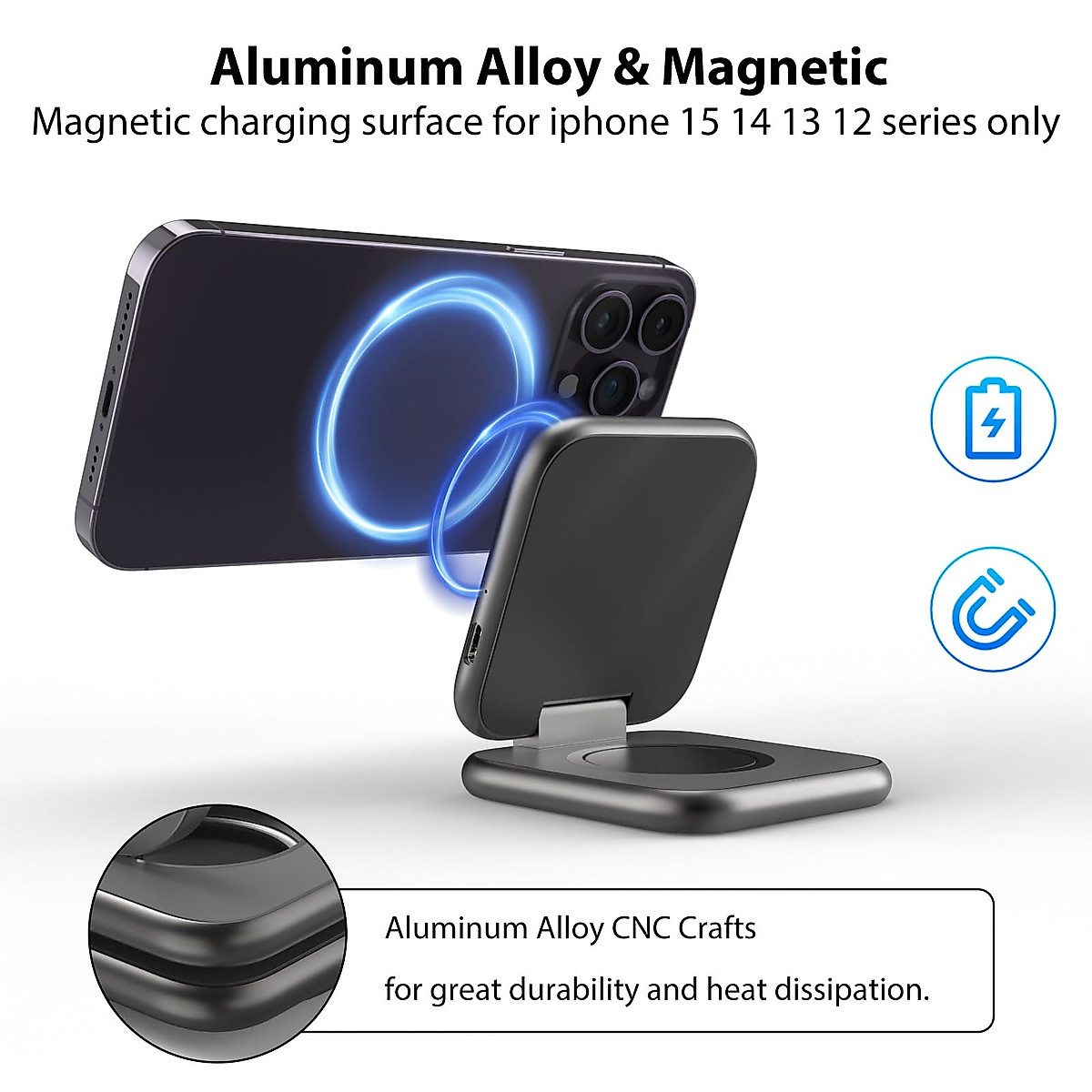 2 in 1 Foldable Mini Travel Wireless Charger Stand for Apple, KUXIU Aluminum Alloy Magnetic Charging Station Compatible with iPhone 15/14/13/12Pro/Max, 5W Fast Charging Watch 9/8/7/Ultra2, AirPods Pro