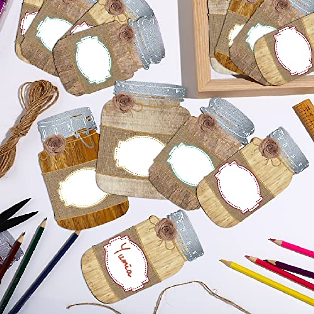 48 Pieces Mason Jar Farmhouse Name Tags Mason Jar Cutouts Paper Shabby Rustic Farm Classroom Decor for Bulletin Board School Wall Desks Student Teacher Cubby Classroom Decoration