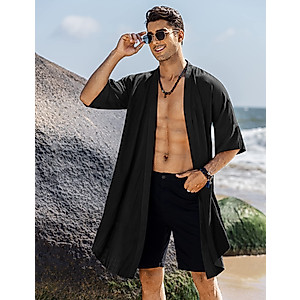 COOFANDY Mens Ruffle Shawl Collar Lightweight Cardigan Long Kimono Jackets Open Front Drape Cape Coat