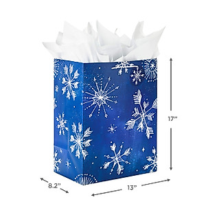 Hallmark 17" Extra Large Holiday Gift Bags with Tissue Paper (3 Gift Bags: Starry Snowflakes on Navy Blue) for Christmas, Hanukkah, Weddings, Birthdays