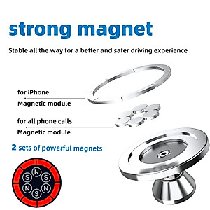 Magnetic Phone Holder for Car, [ 2 Groups Super Strong Magnet ] [ 360° Rotation ] Universal Dashboard Car Mount Holder Compatible with All Smartphones (Silver)