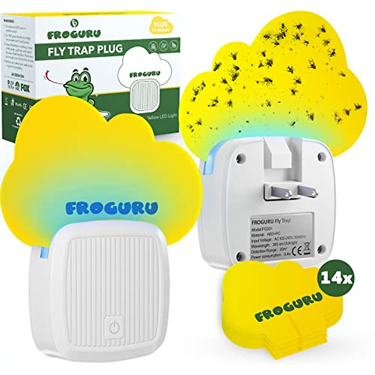 FROGURU Plug in Fly Trap Indoor with 14 Sticky Refills (2-Pack) - Easy to Use Odorless Indoor Fly Trap for Home with Blue LED Light - Traps Insects Like Fruit Flies, Mosquitoes, Gnats, Moths, etc.