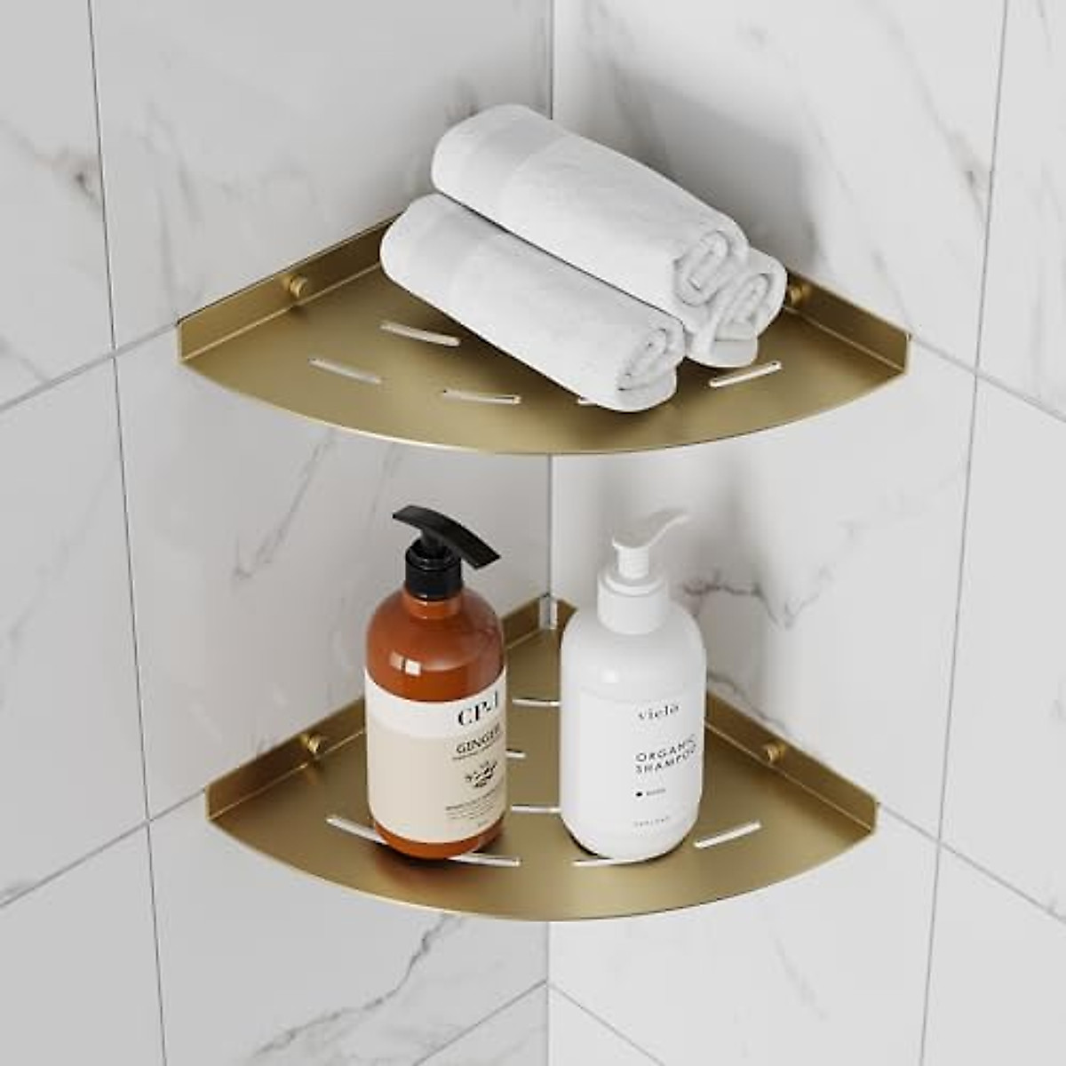 LFBA 2 Pack Corner Shower Shelves 304 Stainless Steel Brushed Gold Corner Shelves for Shower 8" Shower Shelves for Inside Shower Corner Drilling Installation