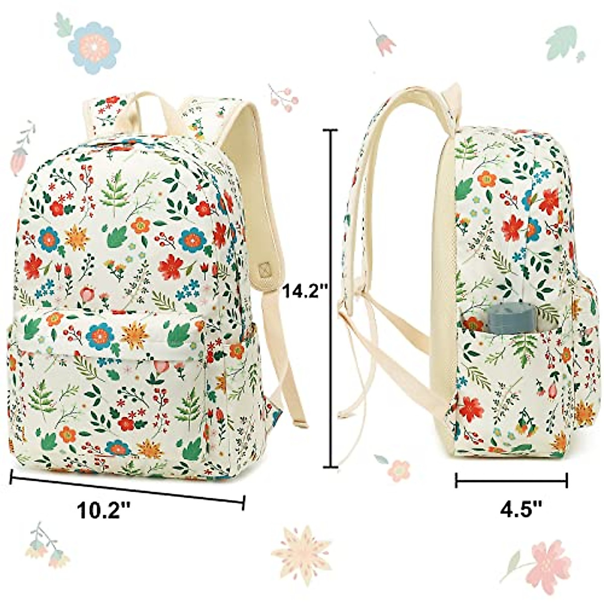 CAMTOP Preschool Backpack for Kids Girls Small Backpack Purse Kindergarten School Bookbags for Toddler Travel (Age 3-9 Year,Flowers Leaves Beige)