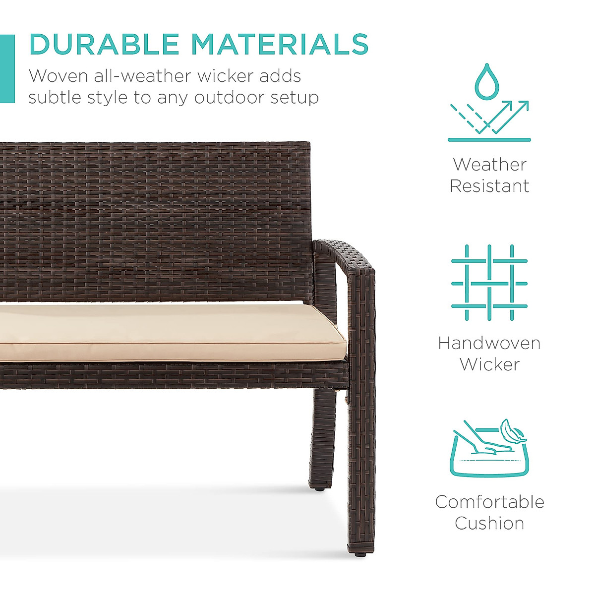 Best Choice Products Outdoor Bench 2-Person Wicker Garden Patio Benches Seating Furniture for Backyard, Porch w/Seat Cushion, 700lb Capacity - Brown/Tan