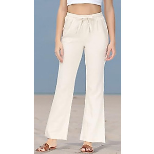 Soojun Women's Casual Linen Blend Elastic Waist Flared Pants, Khaki, XL/29 Inseam