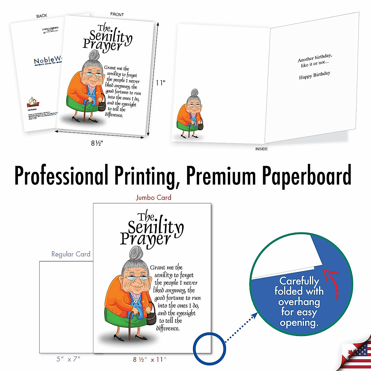 NobleWorks - 1 Humorous Birthday XL Greeting Card w/Envelope 8.5 x 11 Inch - Funny Sympathy Old Lady With A Birthday Prayer Guide for the Senile - Happy Bday Card - Senility Prayer J9046BDG