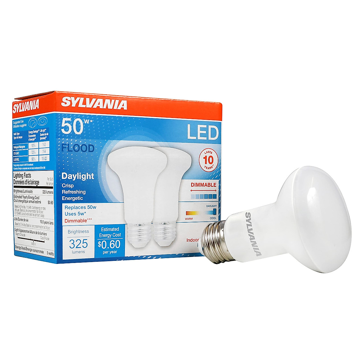 Sylvania LED R20 Flood Light Bulb, 50W = 5W, 10 Year, Dimmable, Frosted Finish, 325 Lumens, 5000K, Daylight - 2 Pack (73991), Cool White
