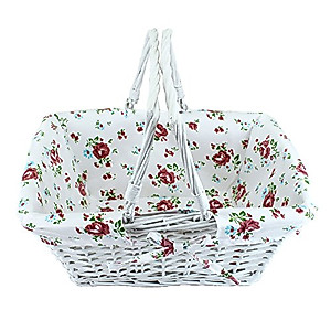 Wicker White Storage Gift Basket Willow Woven Picnic Basket with Double Folding Handles,Kingwillow. (White)