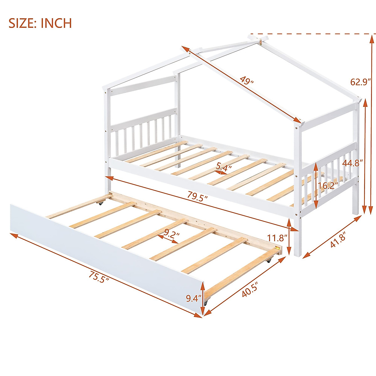 GOWE Twin Size Wooden House Bed with Twin Size Trundle, White