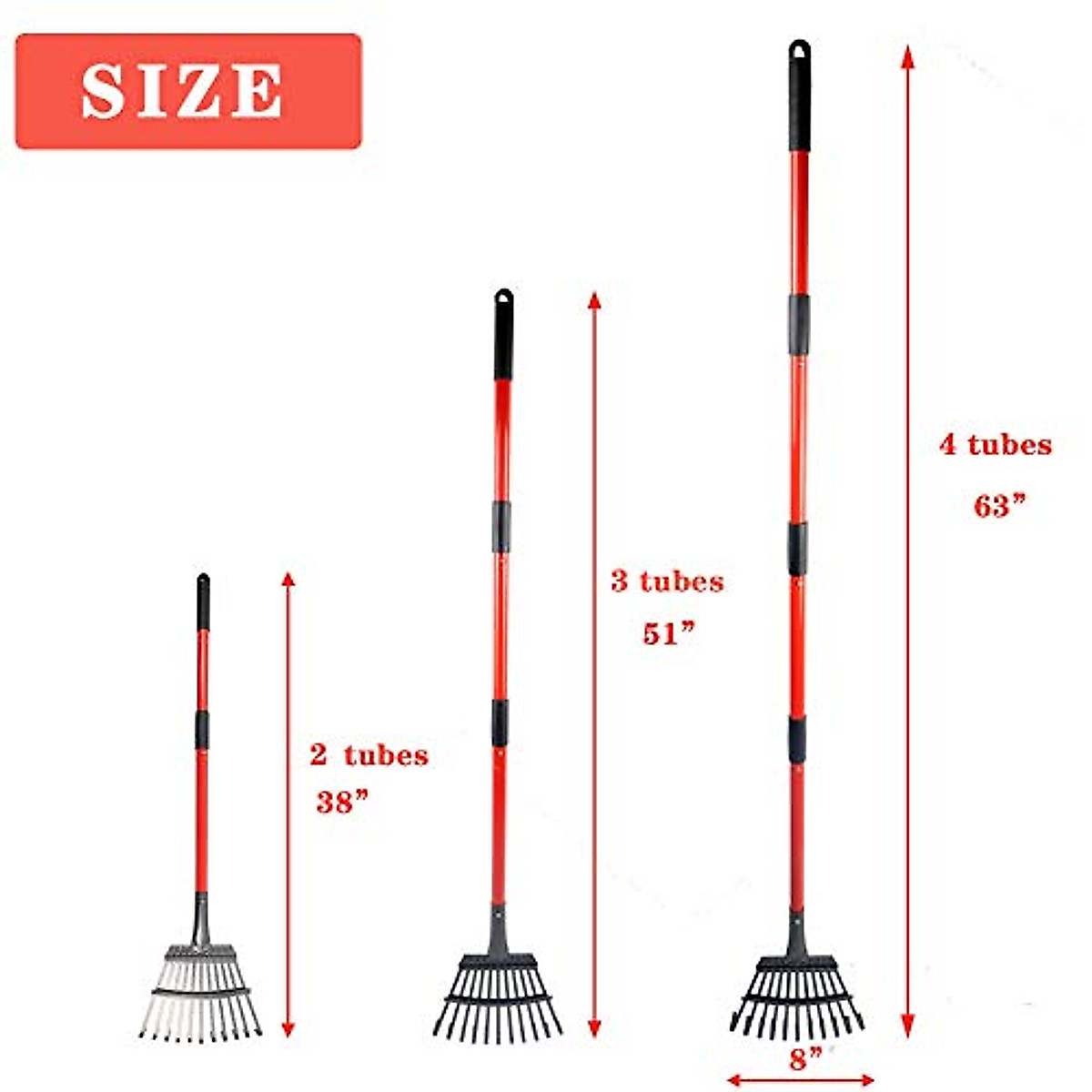 Adjustable Garden Rake for Leaves,38”-63”Long Handle Garden Rake,Expanding Metal 11 Tines Shrub Rake,Lightweight Heavy Duty Handle Thatch Rake,Professional Lawn Rake to Collect Leaf & Poop among Yards