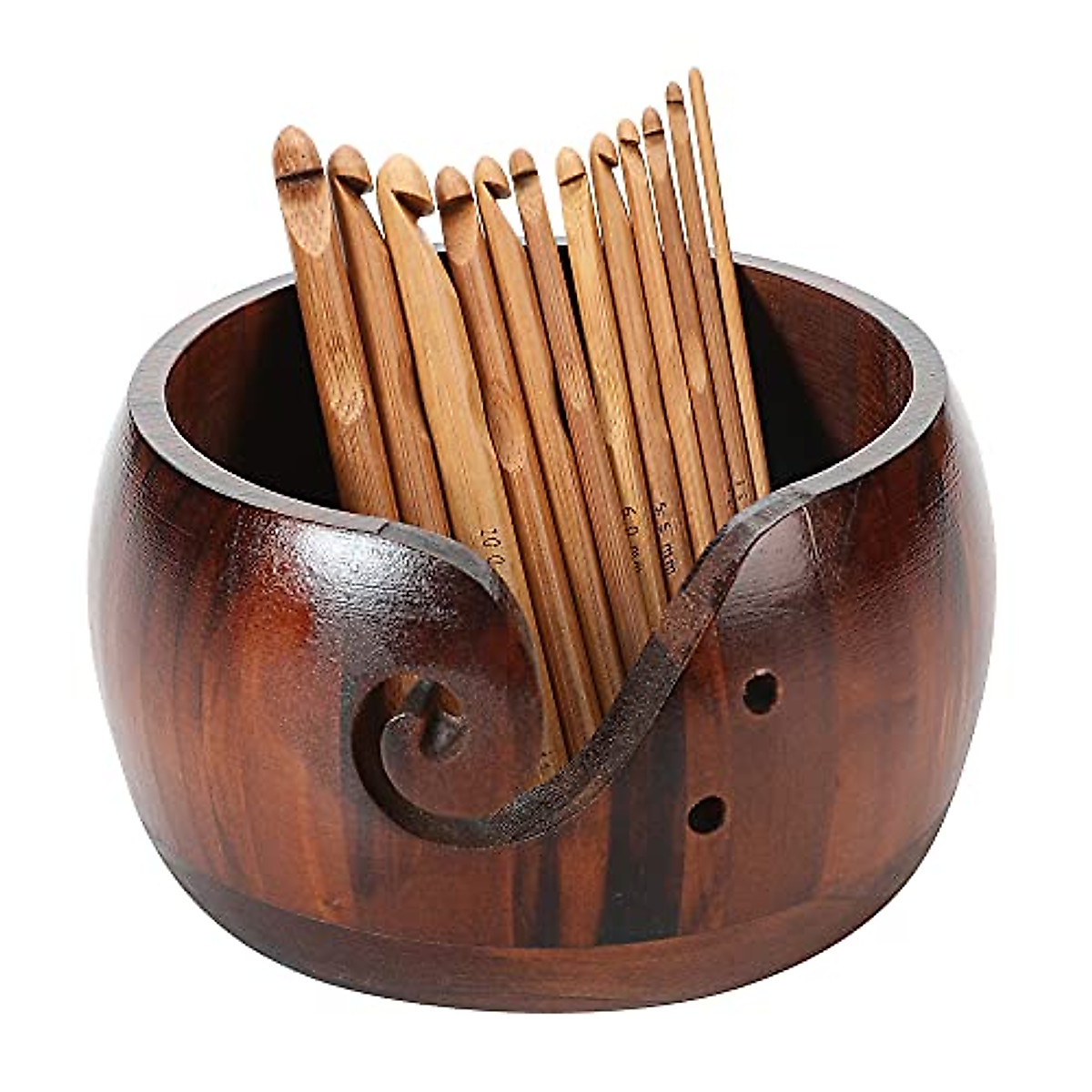Wood Yarn Storage Bowl, Yarn Bowl for Crocheting with 12 Pieces Bamboo Crochet Hooks, 3.2”x 5.3”, Wooden Yarn Ball Holder for Crocheting Knitting DIY Crafts Tools