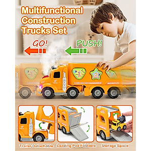 HOLY Fun 5 in 1 Construction Truck Toy Set, Transport Carrier Truck with Spray Sound& Light, 4 Small Engineering Mixer Excavator Crane Dump Car, Friction Power Truck Set, Early Learning Gift for Kids