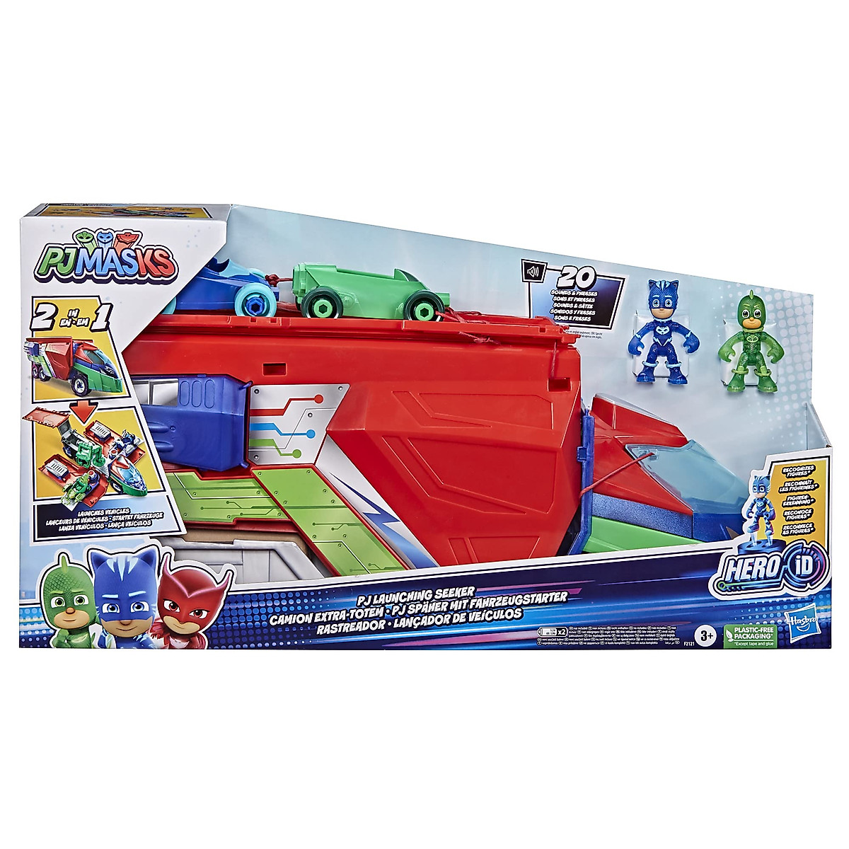 PJ Masks Toys PJ Launching Seeker Car Playset with Sounds, 2-in-1 Vehicle and Car Launcher, Preschool Toys for 3 Year Old Boys and Girls and Up