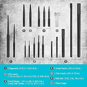 DURATECH 18 Piece Punch/Chisel/Alignment Tool Set, Including Pin Punch, Center Punch, Nail punch, Alignment Tool, Cold Chisel, Chisel Gauge, for Removing Repair Tool, with Rolling Pouch