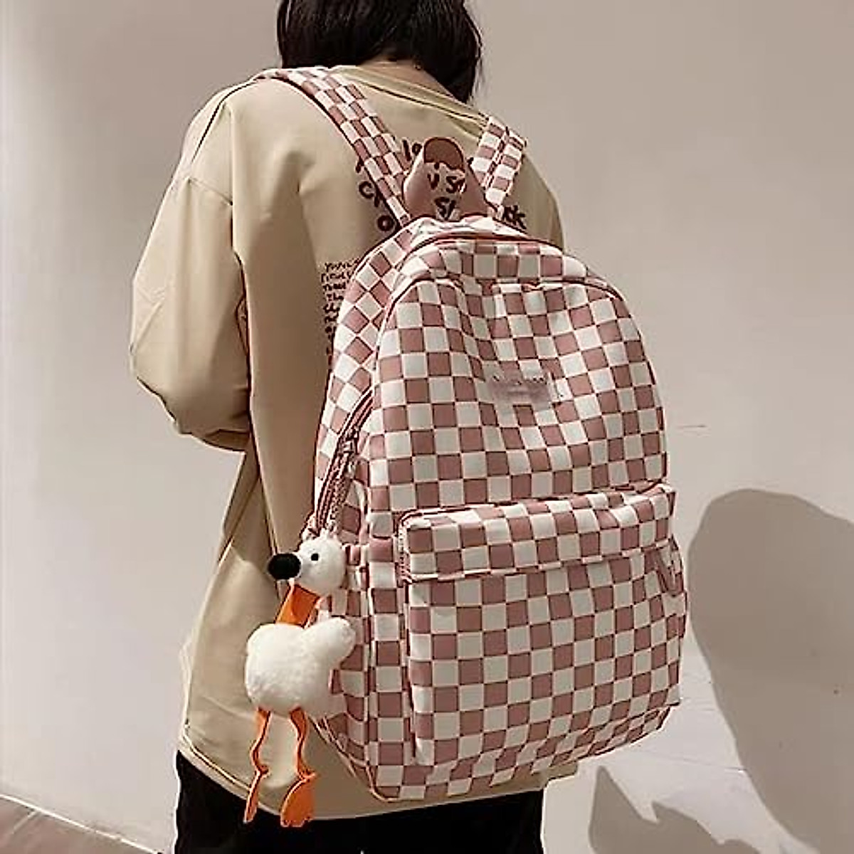 Cute Aesthetic Backpack Checkered Kawaii Backpack with Cute Pendant Checkerboard Casual Daypack College Laptop Bookbag (One Size,Pink)