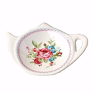 Linlins Set of White Porcelain Ceramic with Flower Trim Teapot-Shaped Tea Bag Holder Tea Bag Coasters, Spoon Rests; Classic Tea Time Saucer Seasoning Dish Set (TYGZ)