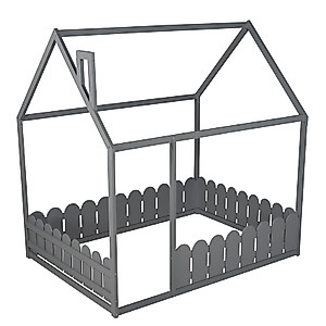Kids House Beds, Full Floor Bed with Fence Wood Cabin Bed Frame Can be Decorated for Teens, Girls, Boys, Adults, Gray
