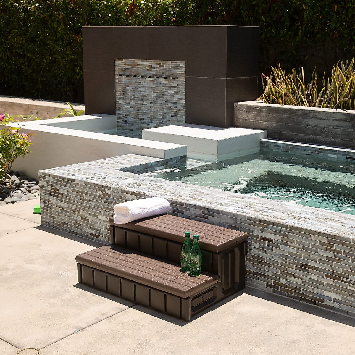 XtremepowerUS Universal 2 Slip-Resistant Spa & Hot Tub Step Outdoor Indoor Compartment Spa Step with Storage, Brown/Black