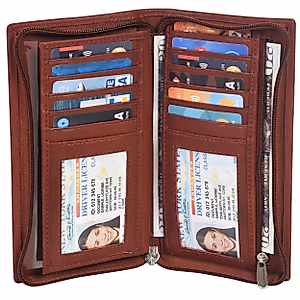 Leatherboss Genuine Leather Checkbook Holder Wallet with All Around Zipper, Brown