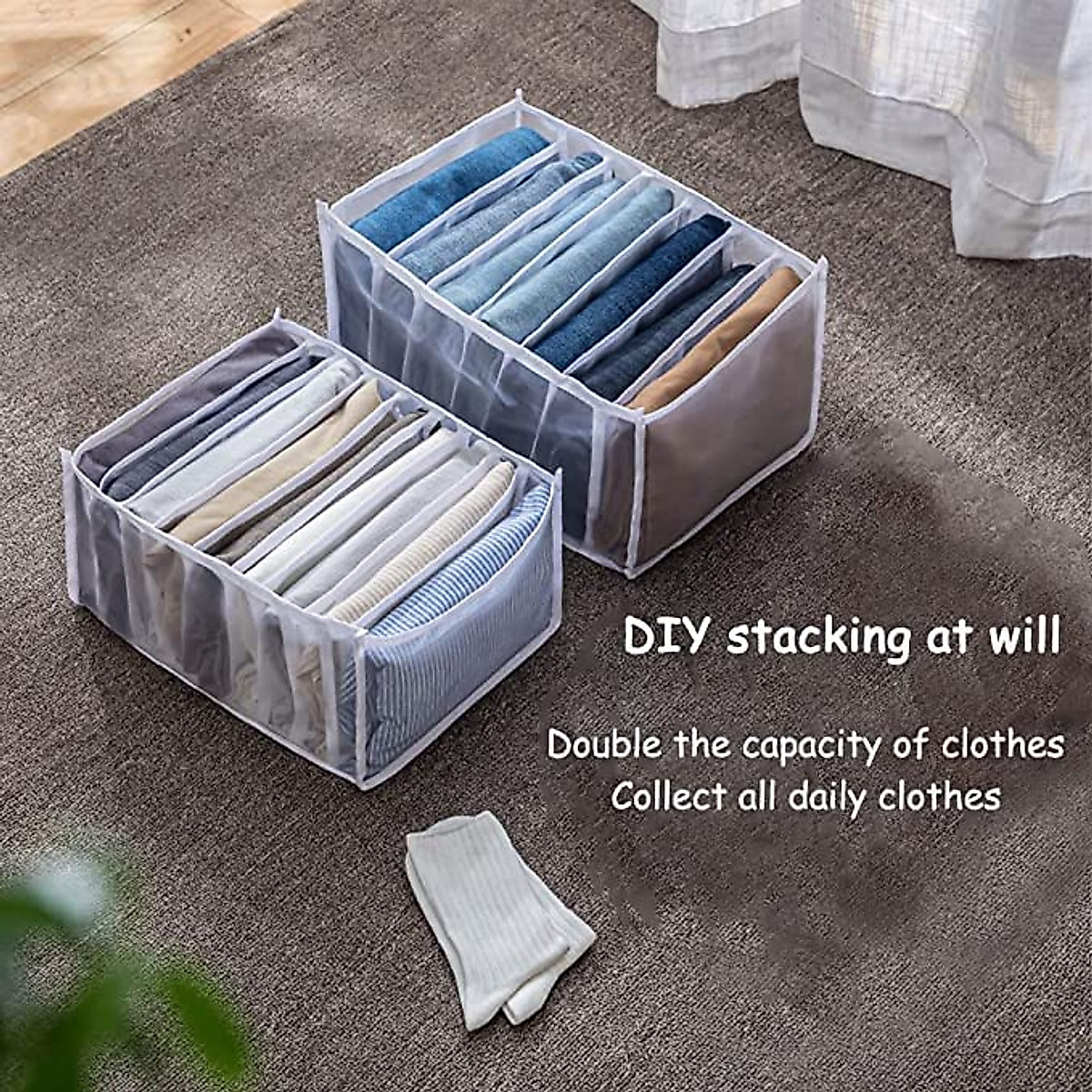 MSJJ 2PCS Wardrobe Clothes Organizer, 7 Grid Jeans + T-Shirt Compartment Storage Box, Foldable Portable Cupboard Drawers Organiser for T-Shirt, Jeans (White)