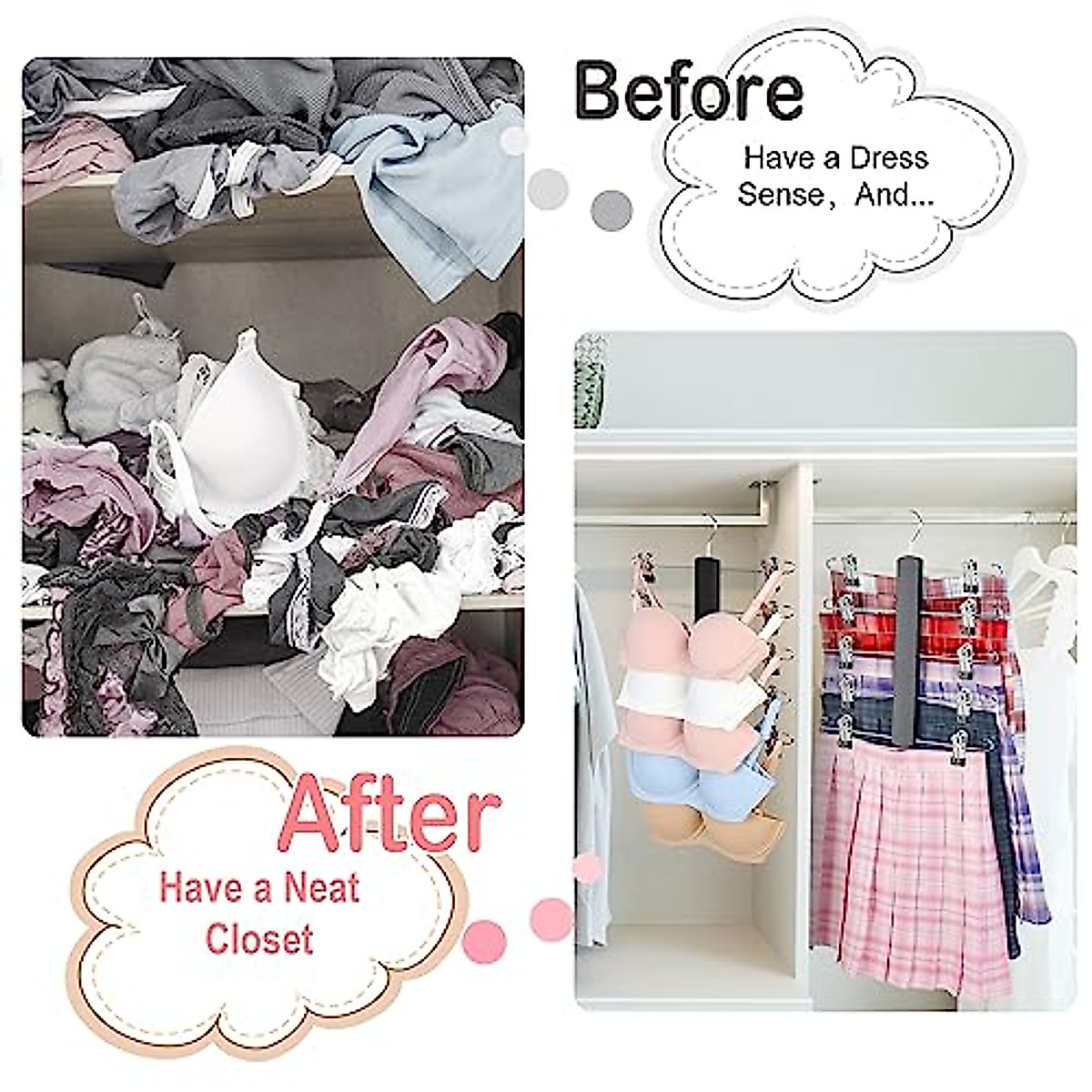 Wooden Skirt Hangers, 2 Pack Pants Hangers with Clips for Closet, 2 in1 Design Closet Organizer, Space Saving in One Clothes Hanger for Skrits/Pants/Bras/Tank Top, Girls Dorm Room Essentials