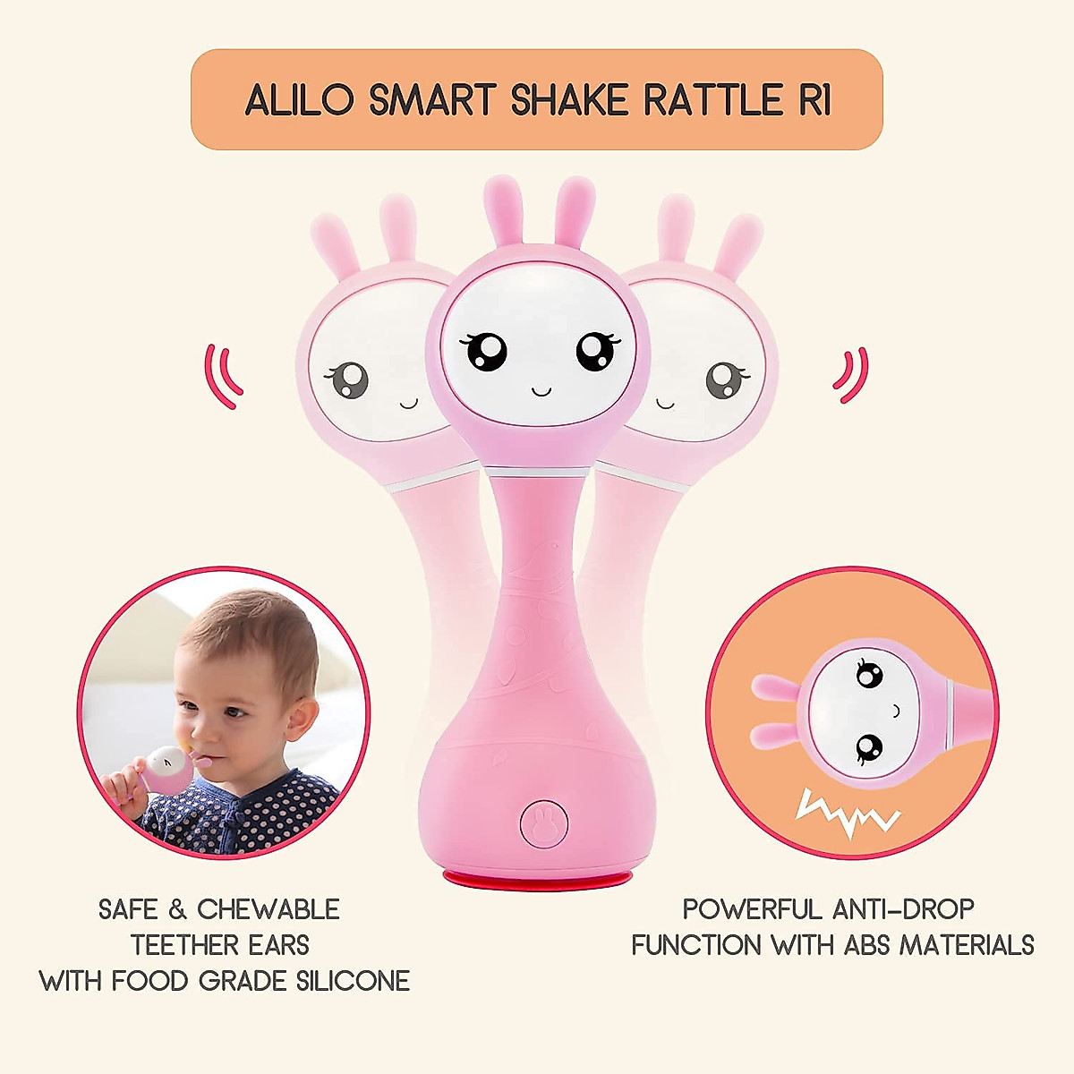 Alilo Baby Rattle Toy with Book,Early Education Learning Toys,Electronic Rattle with Music Light and Funny Sounds,Christmas Birthday Gifts Toys for 6-12 Months Newborn Boys Girls Toddlers Kids(Pink)