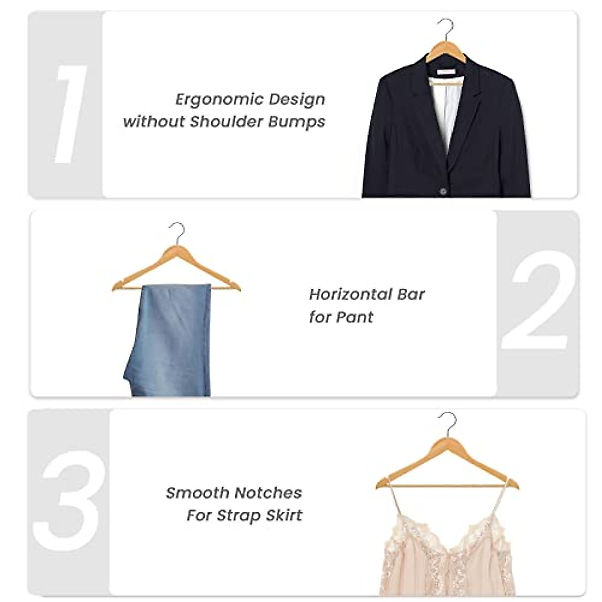 Nature Smile Wooden Suit Hangers 20 Pack Premium Solid Wood Coat Clothes Hangers with Non Slip Bar - Smooth Finish with 360° Swivel Hook and Smooth Notches for Camisole Jacket Pant Dress Natural Color