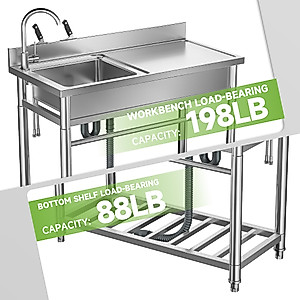 39.3'' Stainless Steel Utility Sink with Cold and Hot Water Pipes, Free Standing Sink with Workbench & Storage, Portable Laundry Sink for Indoor & Outdoor