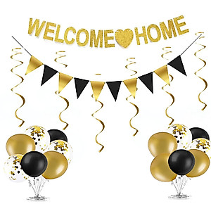 DXary Welcome Home Decorations, Gold Welcome Home Banner Welcome Back Home Family Party Supplies Triangle Flag Banner Gold Spiral and Balloons for Military Deployment Homecoming Return Party Decor