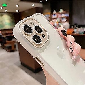 MZELQ for iPhone 14 Pro Max Case Cute with Metal Bling Camera Lens Cover Sparkly Diamond Crystal Back Clear & Matte Bumper Silicone Shockproof Protective Case for Girls and Women - Gold