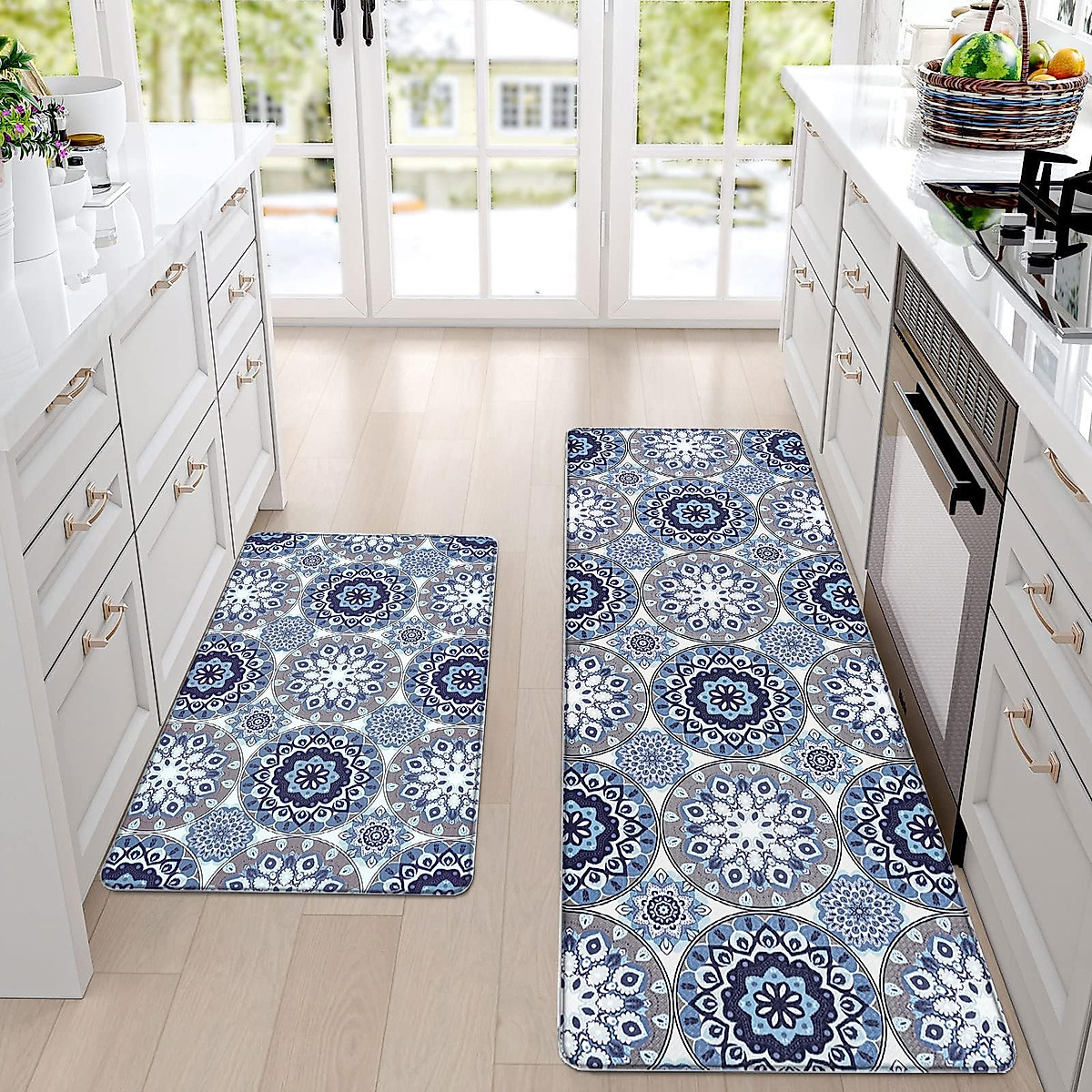 ASPMIZ Kitchen Mats Sets 2 Piece, Memory Foam Kitchen Rugs and Mats Non Slip Washable, Farmhouse Anti Fatigue Kitchen Mat and Runner Set, Blue Cushioned Floor Comfort Mat, 17'' x 47'' + 17'' x 30''