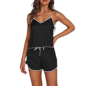LYANER Women's Satin Silk Pajamas V Neck Cami Top with Shorts PJ Sst Sleepwear Black Large