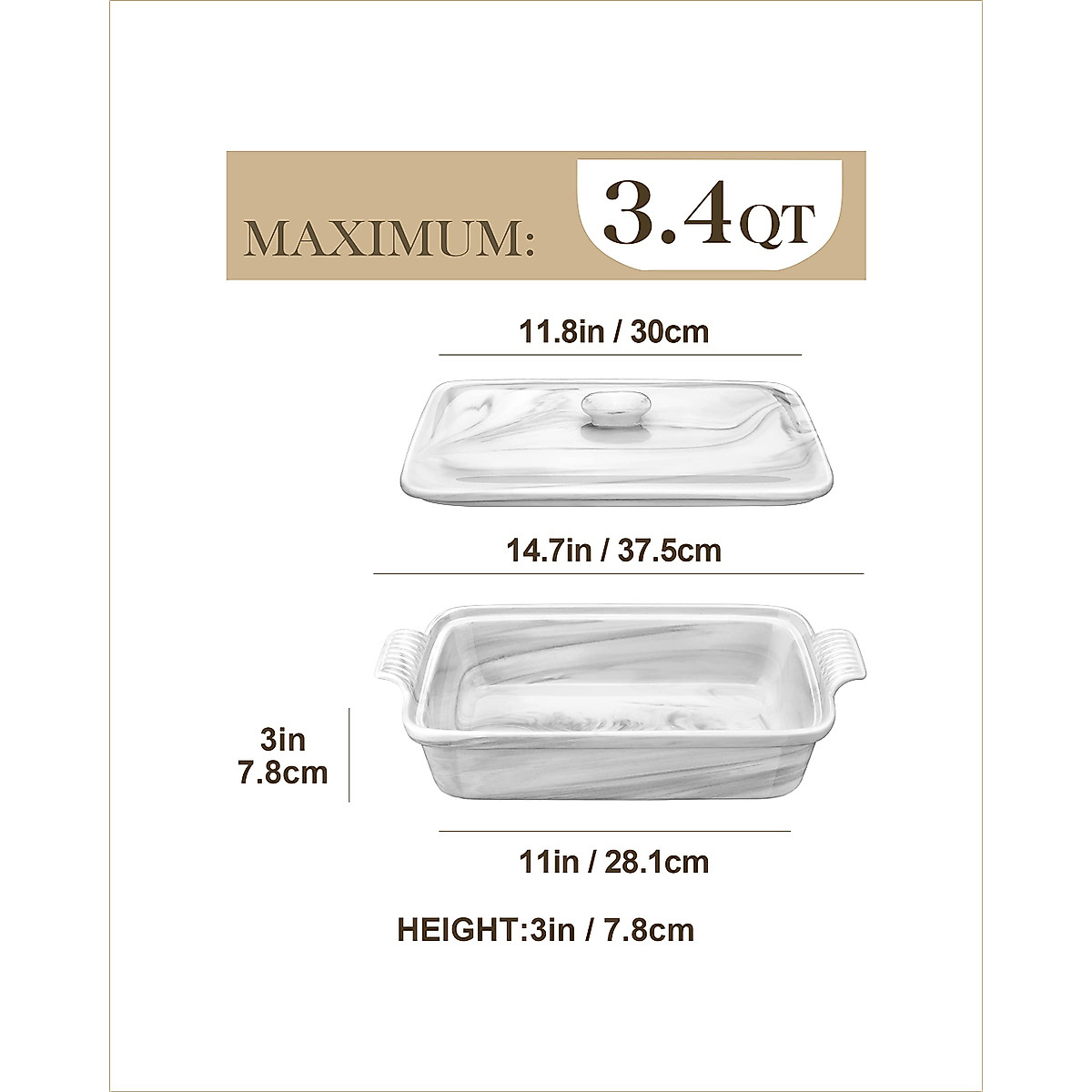 MALACASA Casserole Dish, Baking Dishes for Oven, 4.3qt Ceramic Lasagna Pan, Rectangular Baking Pan, Bakeware Set with Handles for Serving Cooking Banquet Family, 15.9x10x2.9 inches, Series BAKE-GREY