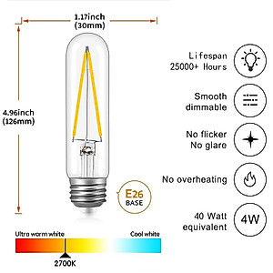 YIZCO T10 T30 Tubular LED Bulb Dimmable E26 Base Edison LED Light Bulbs 40 watt Equal 4W Chandelier Light Bulb Warm White 2 Pack