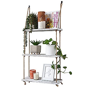 Labcosi 3 Tier Rope Wall Hanging Floating Shelves, Rustic White Wall Shelf, Swing Wood Farmhouse Decor Living Room, Bathroom, Bedroom, and Outdoor