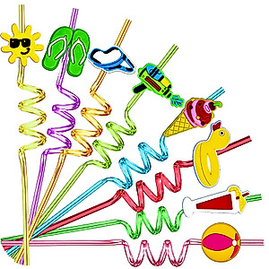 24 Pieces Beach Theme Reusable Shape Straws, Drink Straws Beach Ball Pool Summer Birthday Party Favor Decorations with 2 Cleaning Brushes 8 Color Straws