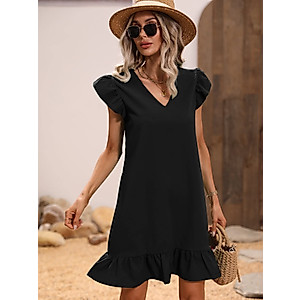 SOLY HUX Summer Dresses for Women V Neck Cap Sleeve Ruffle Hem Smock Short Dress Solid Black M