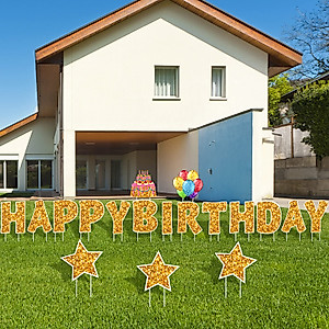 Jetec 18 Pieces Happy Birthday Yard Signs with Stakes, 16 Inches Birthday Outdoor Lawn Signs, Birthday Cake Balloon Patio Decorations, Garden Lawn Decorations for Birthday Party(Gold)