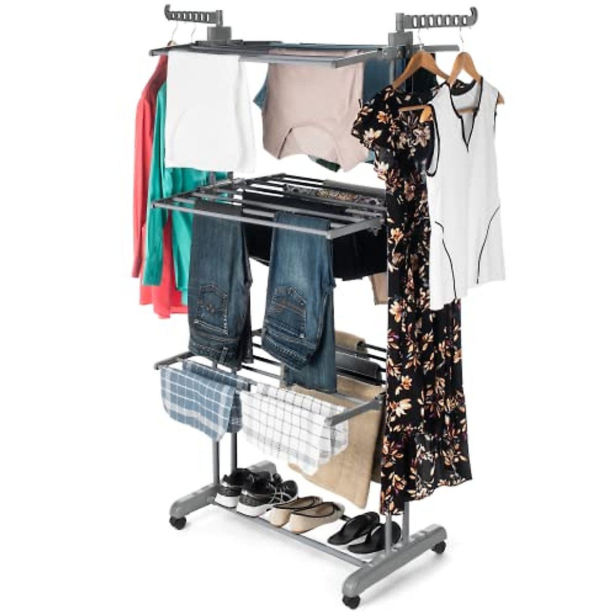 Luxe Laundry Premium Clothes Drying Rack - 4-Tier Foldable Stainless Steel & Collapsible Drying Rack - Free Standing & Easy to Assemble Indoor Laundry Drying Rack for Garments and Clothing, Gray/Gray