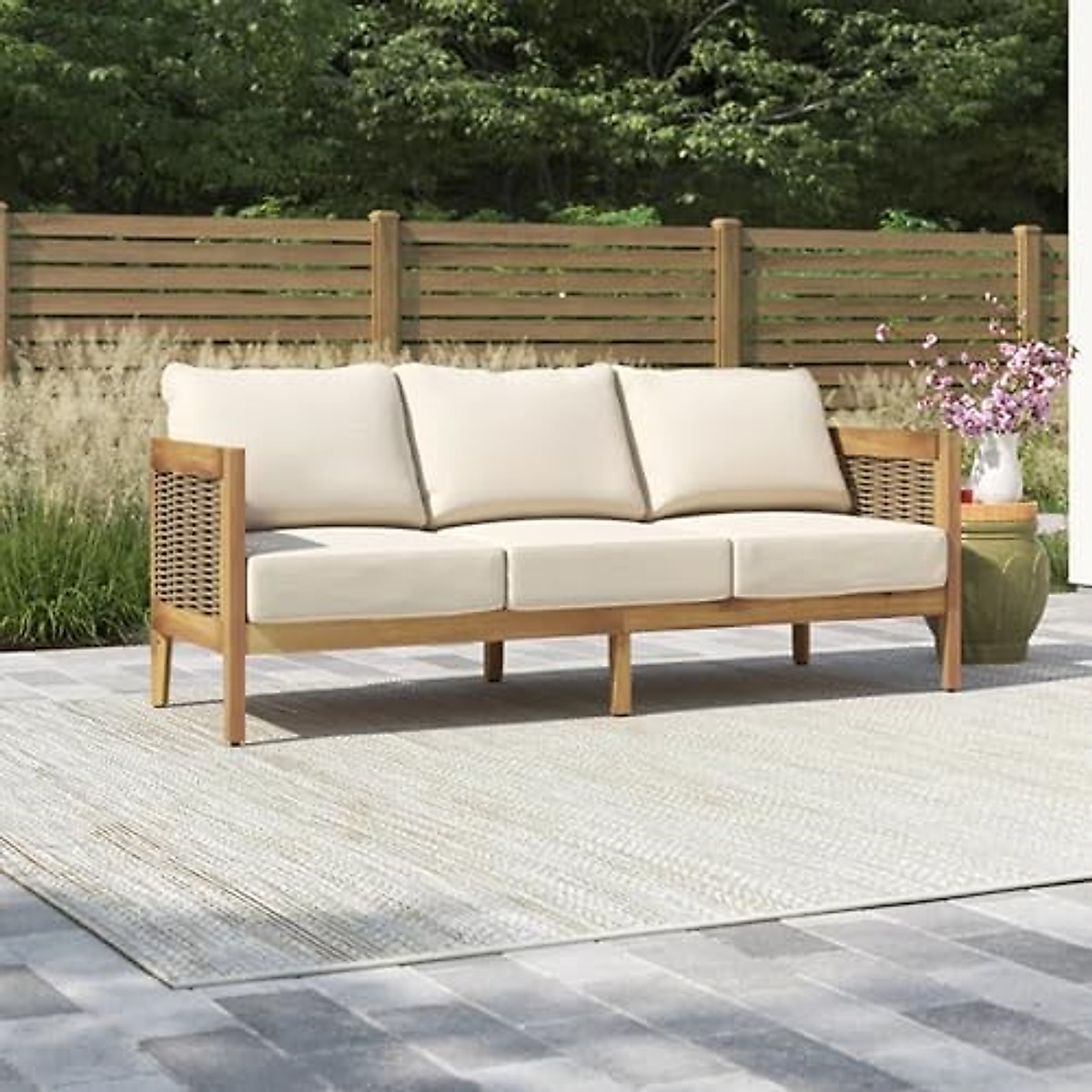 Merax Outdoor Acacia Wood Wicker 3 Seater Sofa, Patio Furniture Conversation Set for Backyard