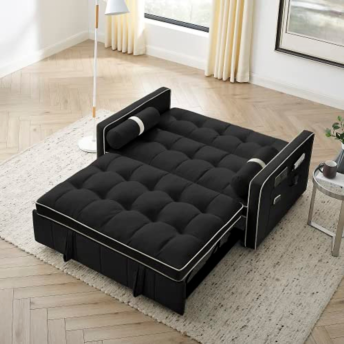 akucvor 55.5" Sleeper Sofa Bed, Convertible 3 in 1 Loveseats Sofa Bed with Side Pockets, Multi-Function Velvet Pull Out Sofa Bed with Adjustable Backrest for Living Room Bedroom, Black