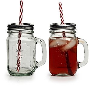 Circleware Country Glass Yorkshire Jar Drinking Handles, Metal Lids and Mason Mugs, 4 Count (Pack of 1), Hard Plastic Reusable Straws, Set of 4
