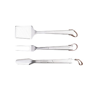 Everdure BBQ Tool Kit - 3 Pack, Brushed Stainless Steel Tongs, Spatula and Fork with Soft Grip Handles and Leather Straps, Barbeque Grill Accessories and Cooking Utensils Set