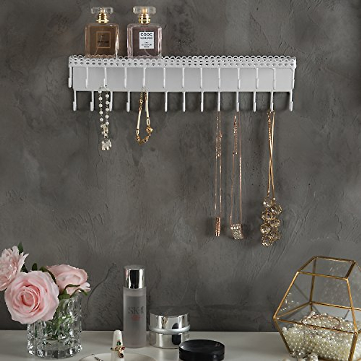 MyGift White Metal Wall-Mounted Jewelry Hanging Shelf with 26 Necklace Hooks, Set of 2