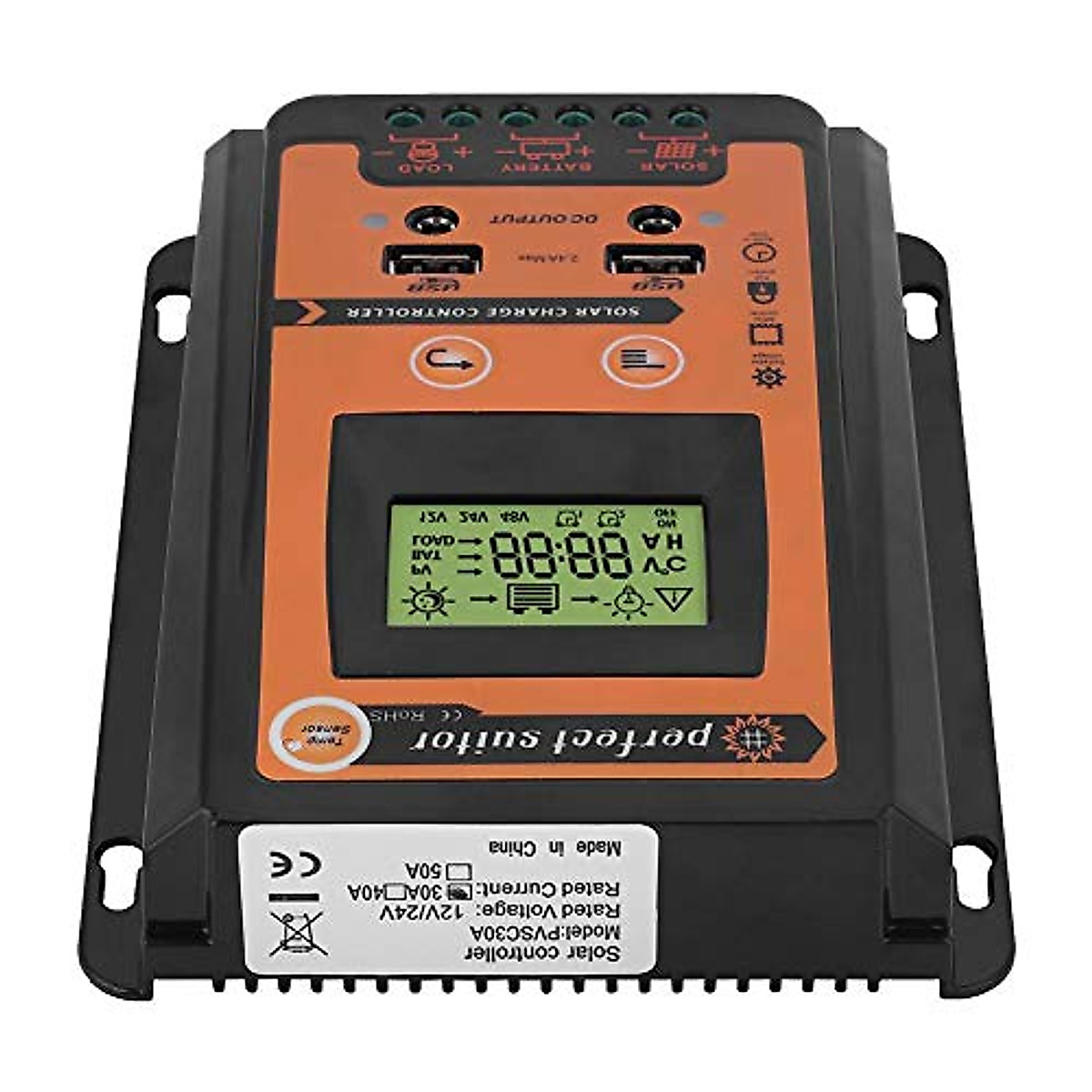 12V/24V 30A/50A/70A Intelligent Solar Panel Contrller MPPT LCD Display Solar Charge Controller Solar Battery Regulator Dual USB Port(30A)